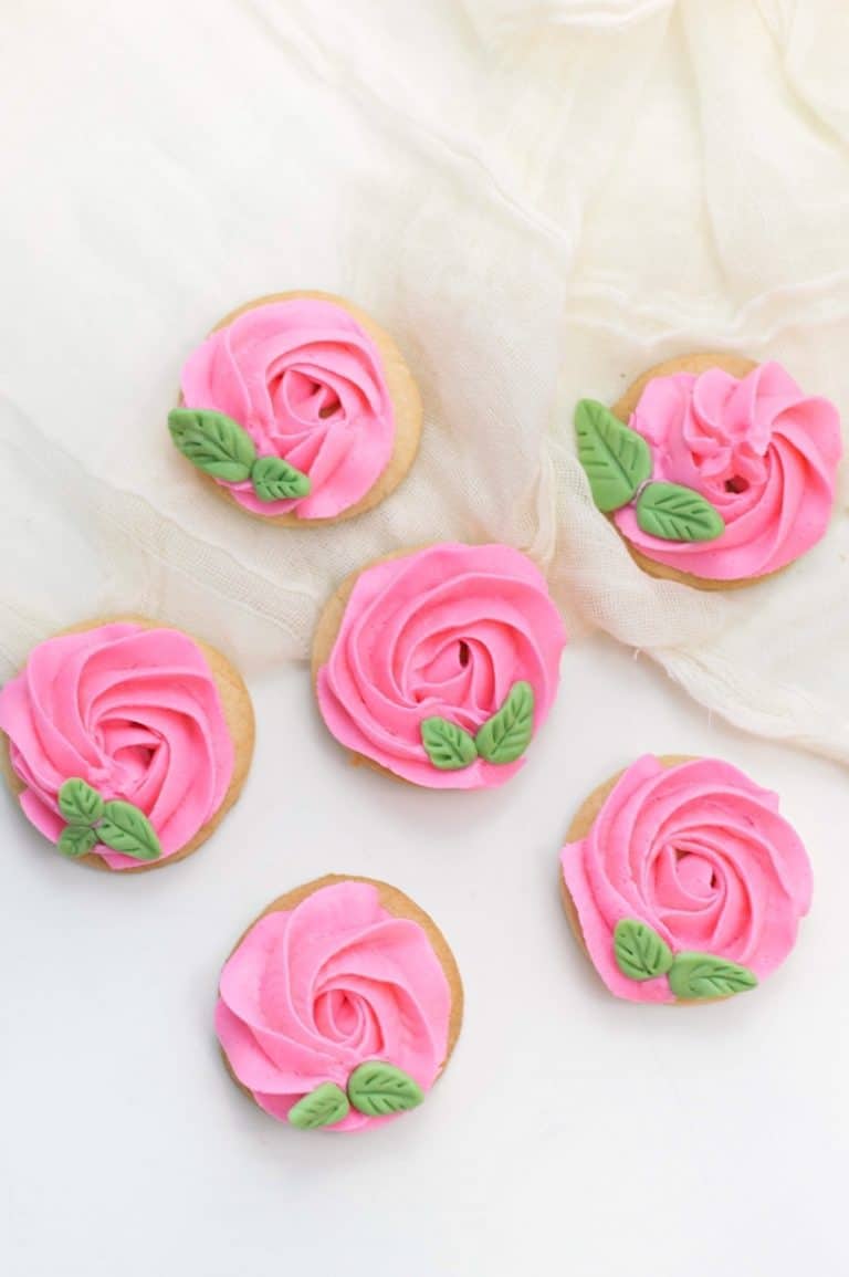 Easy Decorated Pink Rose Sugar Cookies with Homemade Buttercream