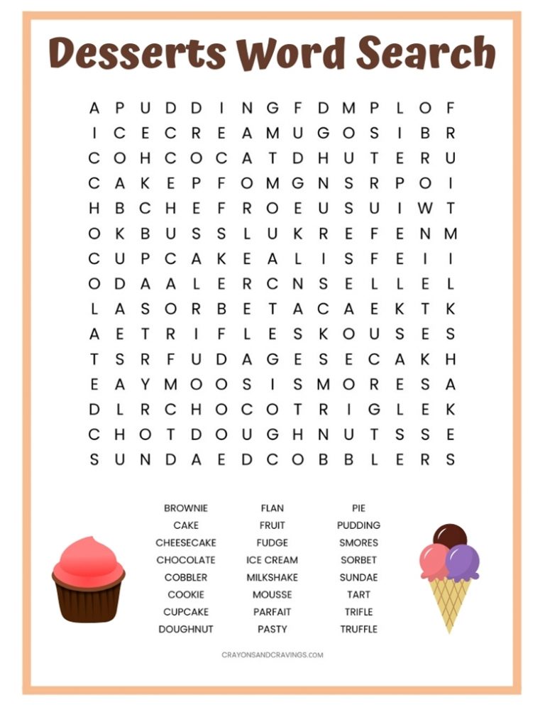 Desserts Word Search - Free Printable Worksheet