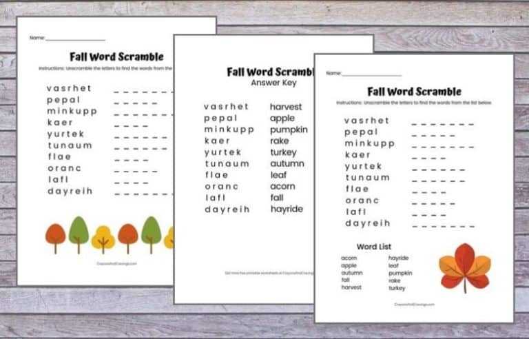 Fall Word Scramble FREE Printable with Answer Key