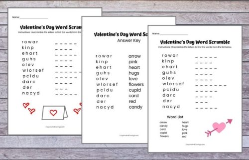 Valentine's Day Word Scramble FREE Printable with Answer Key