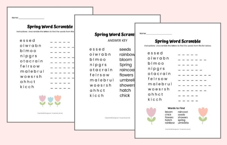 Spring Word Scramble FREE Printable with Answer Key