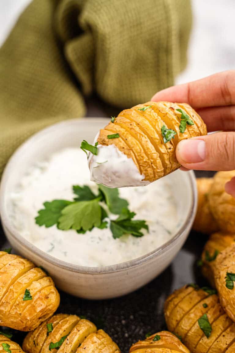 Mini Hassleback Potatoes with Creamy Dill Dip