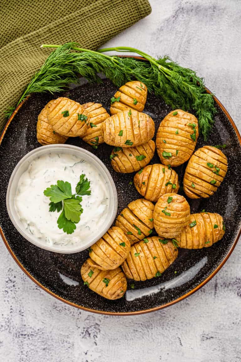 Mini Hassleback Potatoes with Creamy Dill Dip