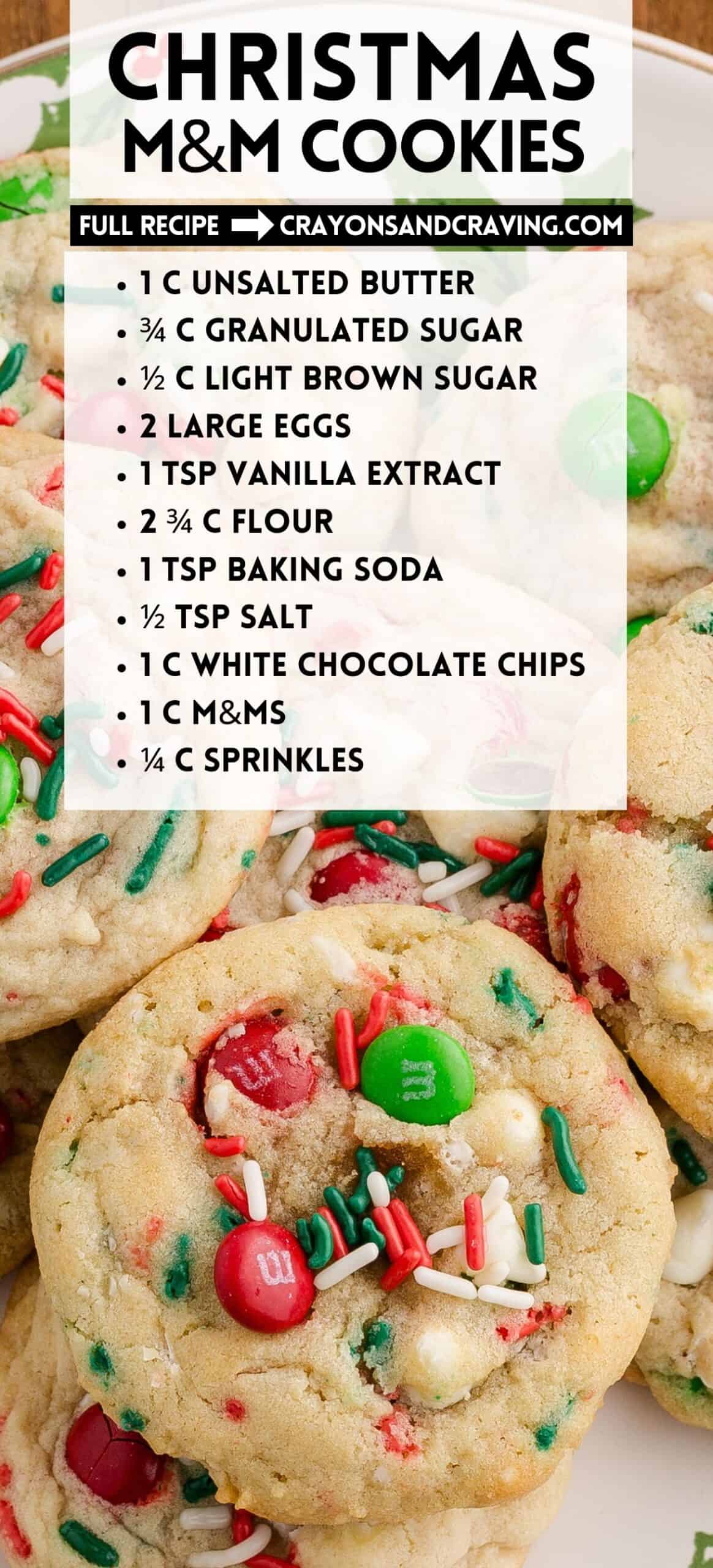 Christmas M&M Cookies with White Chocolate Chips and Sprinkles